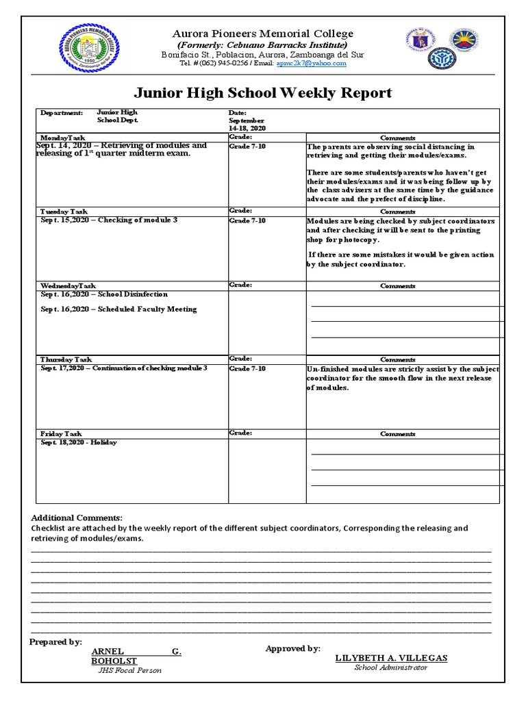 Junior High School Weekly Report: Aurora Pioneers Memorial College ...