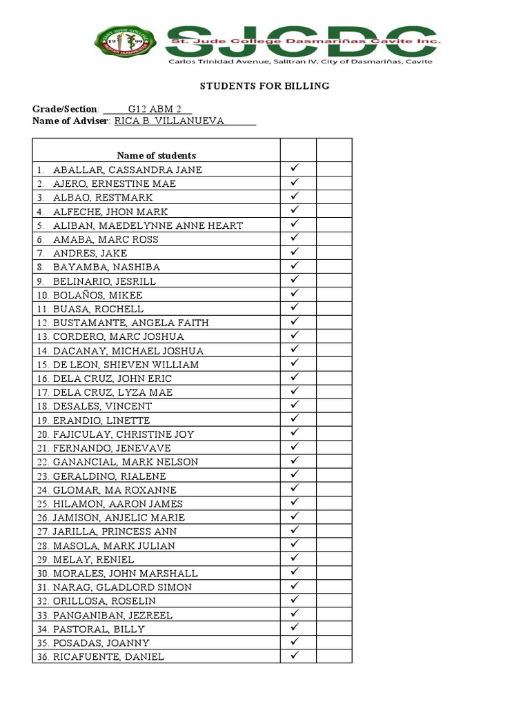 Students For Billing Grade/Section: Name of Adviser: RICA B. VILLANUEVA ...