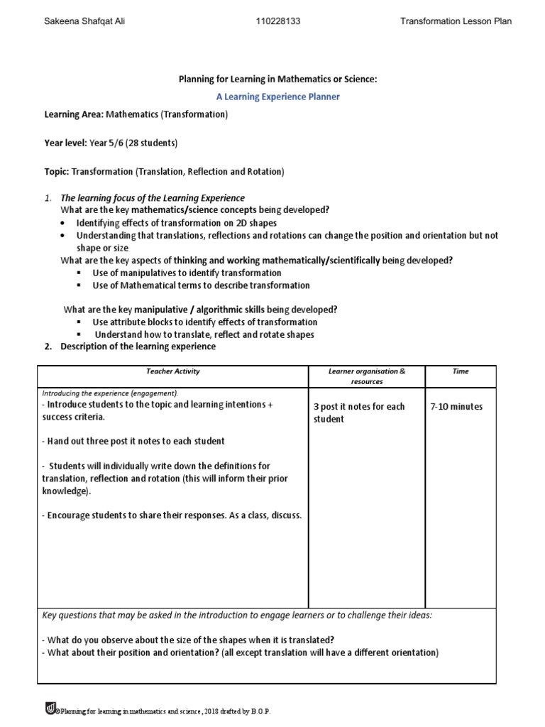Transformation Lesson Plan | PDF | Lesson Plan | Worksheet
