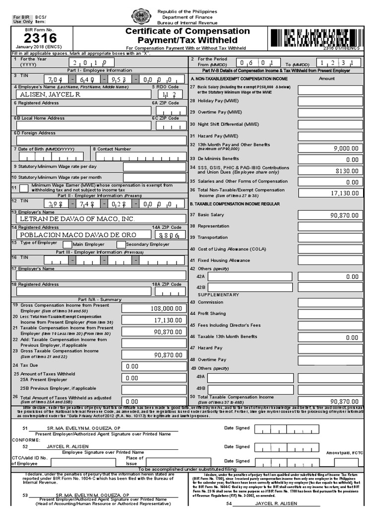 Certificate of Compensation Payment/Tax Withheld: (Present) | PDF ...