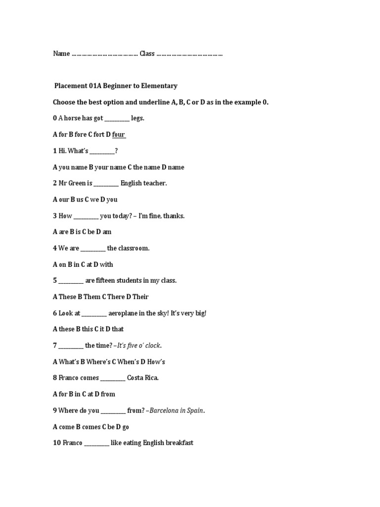 Elementary Level English Placement Test with Answers | PDF