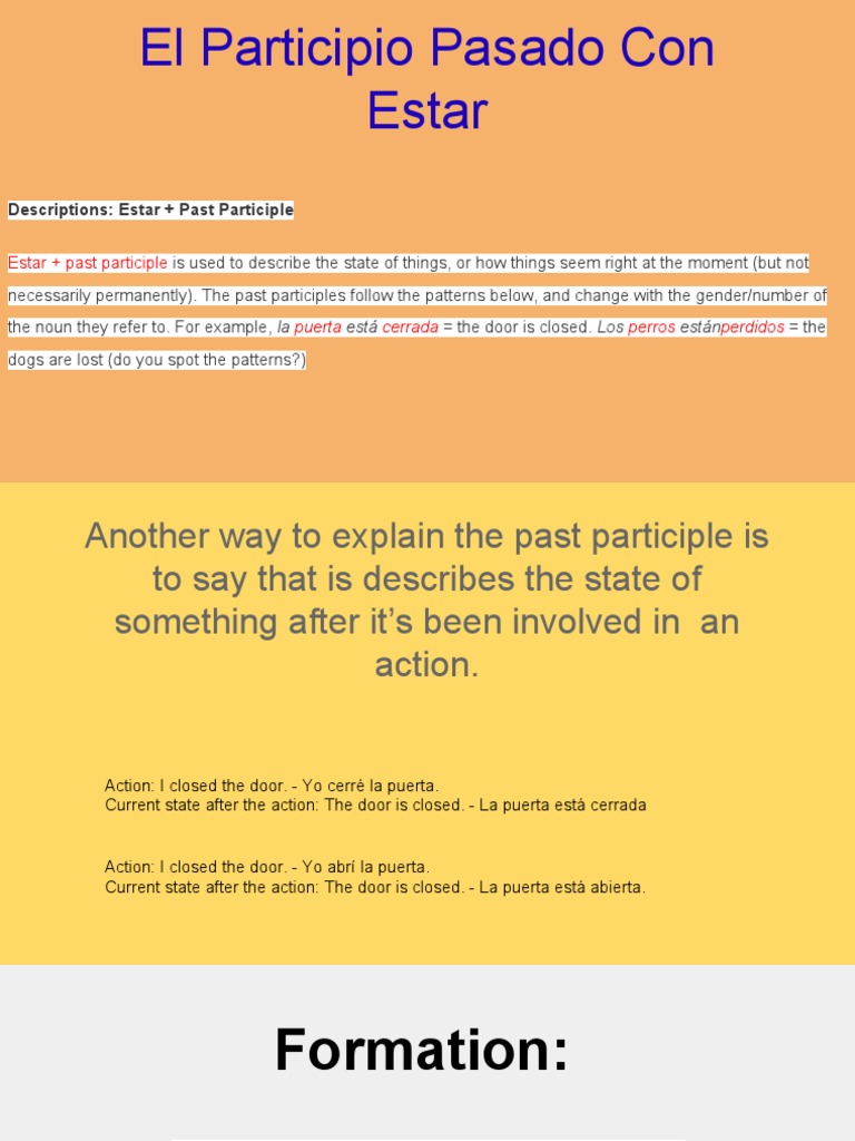 El Participio Pasado Con Estar: Descriptions: Estar + Past Participle ...