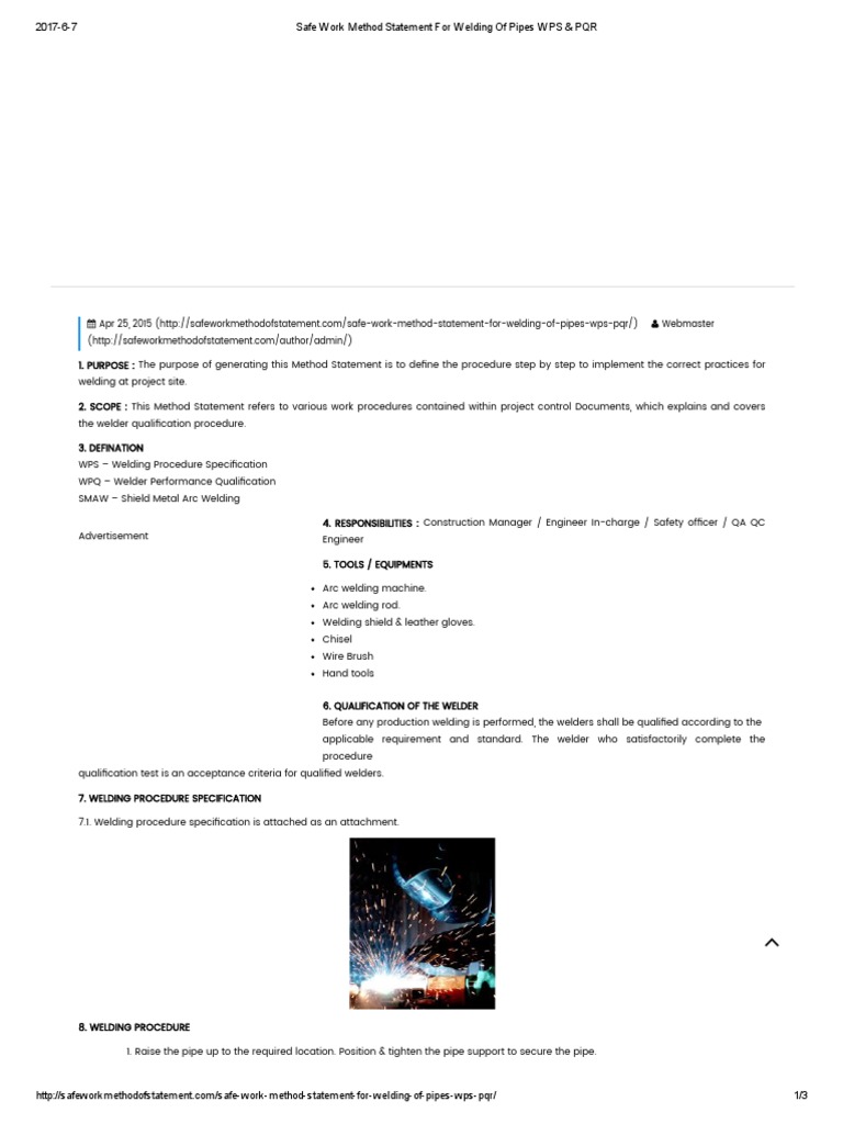 Pipe Welding Method Statement | PDF | Welding | Construction