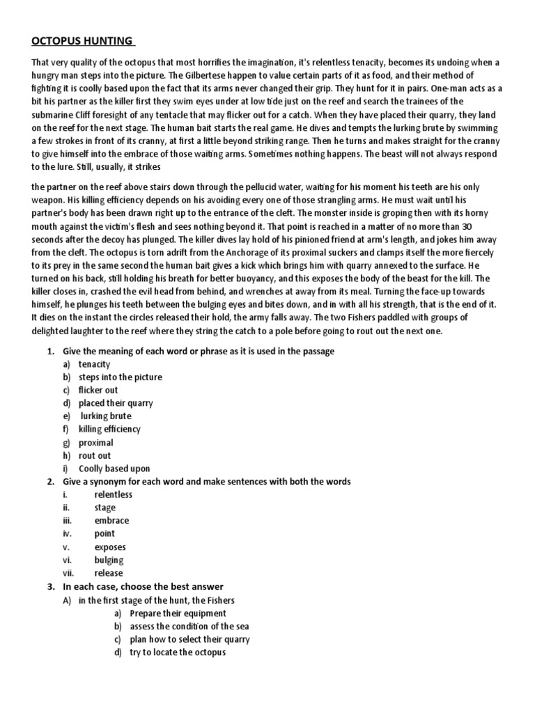 Comprehension Passage 2-Octopus Hunting | PDF | Octopus