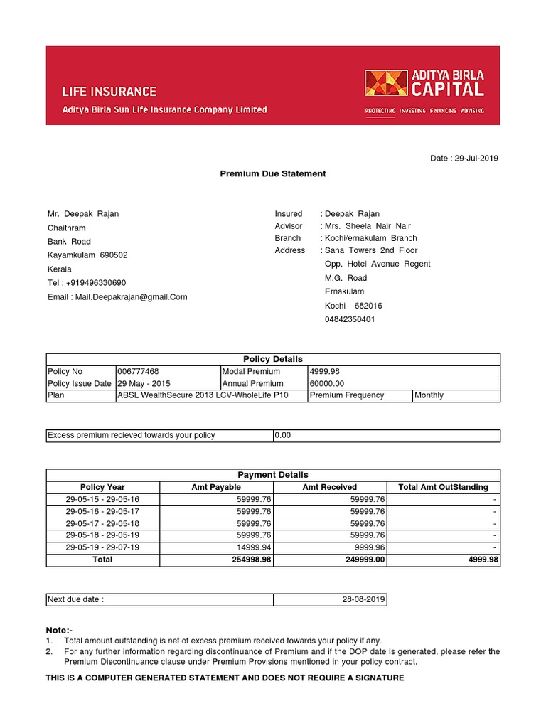 Premium Due Statement for ABSL Policy | PDF | Corporate Law | Insurance