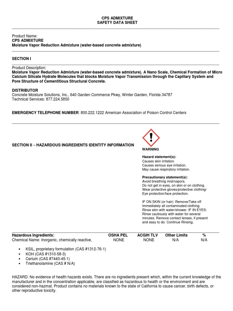 Admixture MSDS | PDF | Dangerous Goods | Toxicity