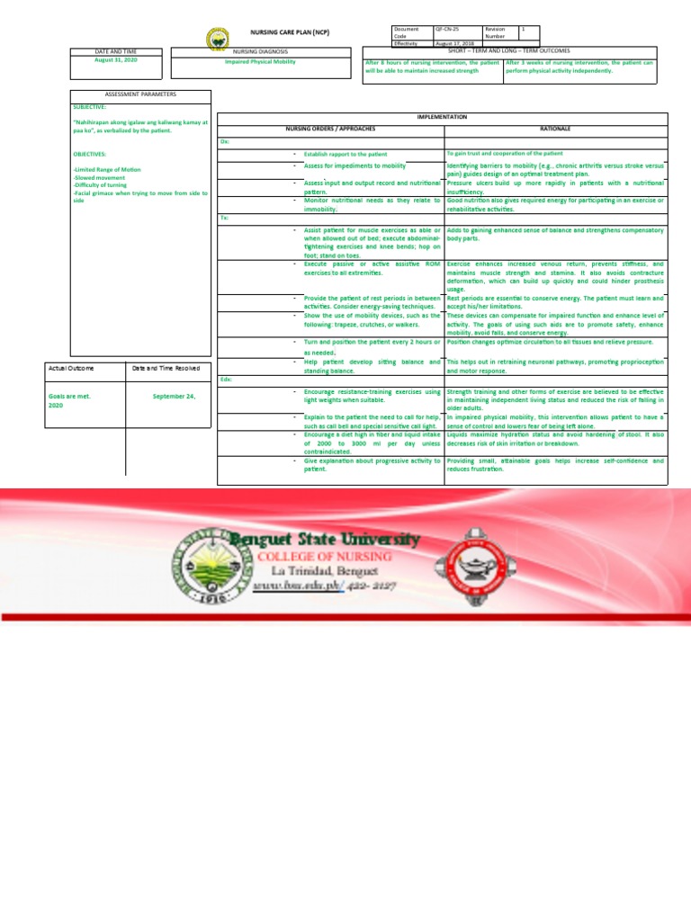 Nursing Care Plan (NCP) : Date and Time Nursing Diagnosis Short - Term ...