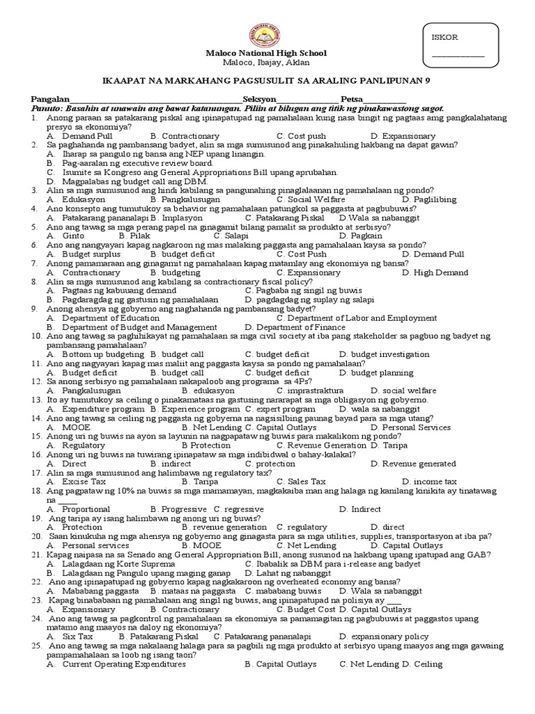 4th Grading Exam in AP9 20192020 | PDF