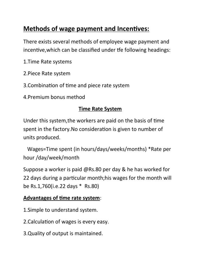 Methods of Wage Payment and Incentives | PDF | Piece Work | Incentive