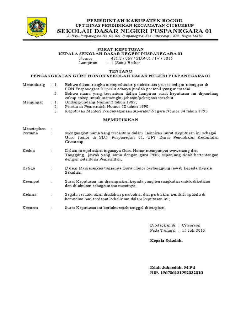 Contoh SK Pengangkatan Guru Honorer | PDF