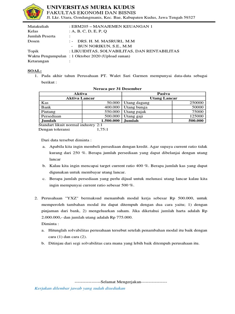 3 Soal Dan Lembar Jawab Likuiditas, Solvabilitas, Dan Rentabilitas - JWB | PDF