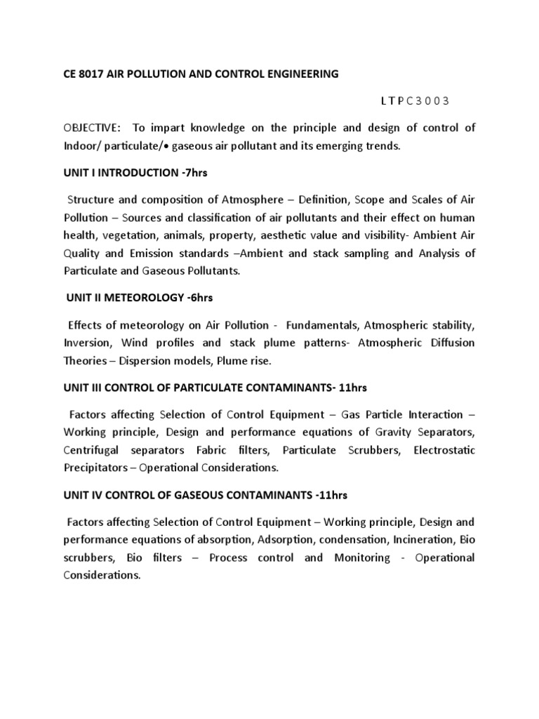 CE 7002 AIR POLLUTION AND CONTROL ENGINEERING Syllabus UG | PDF | Air ...