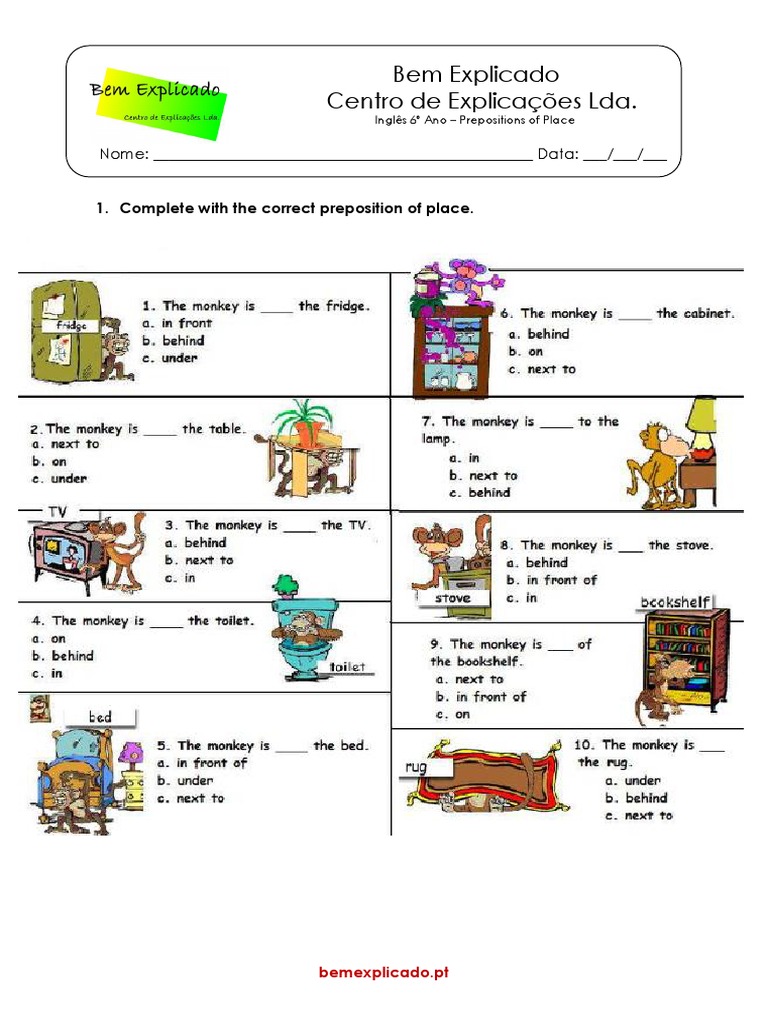6.6 - Ficha de Trabalho - Prepositions of Place | PDF