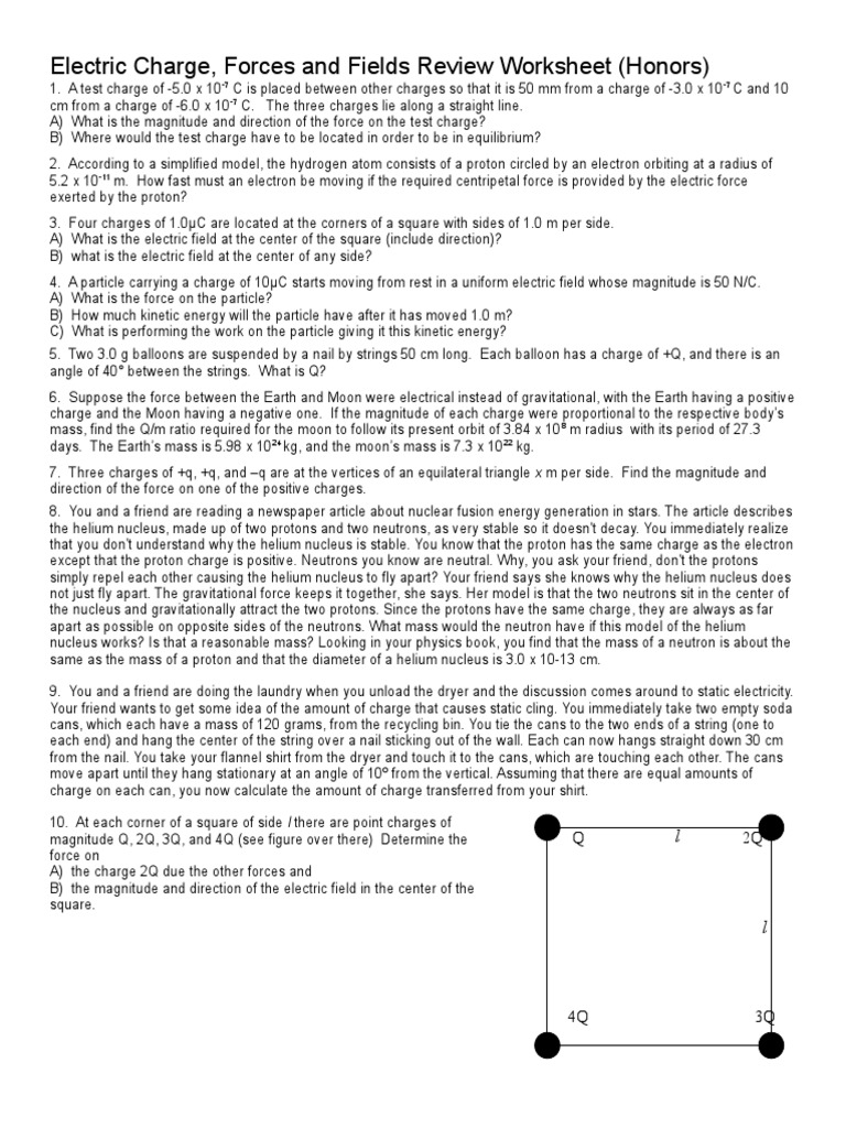 Electric Charge, Forces and Fields Review Worksheet (Honors) | Download ...