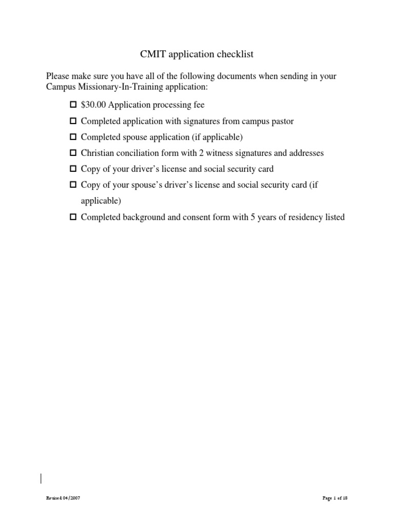 CMIT Application Checklist: Revised 04/2007 Page 1 of 18 | PDF ...