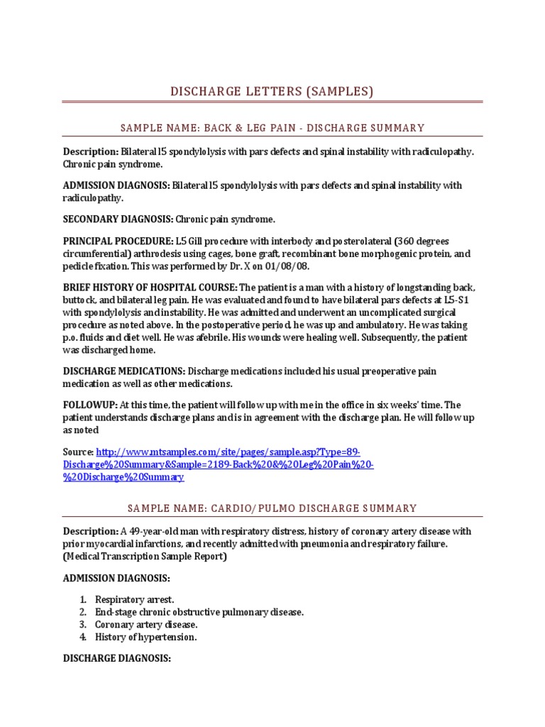 Example Discharge Letters PDF | PDF | Myocardial Infarction | Clinical ...
