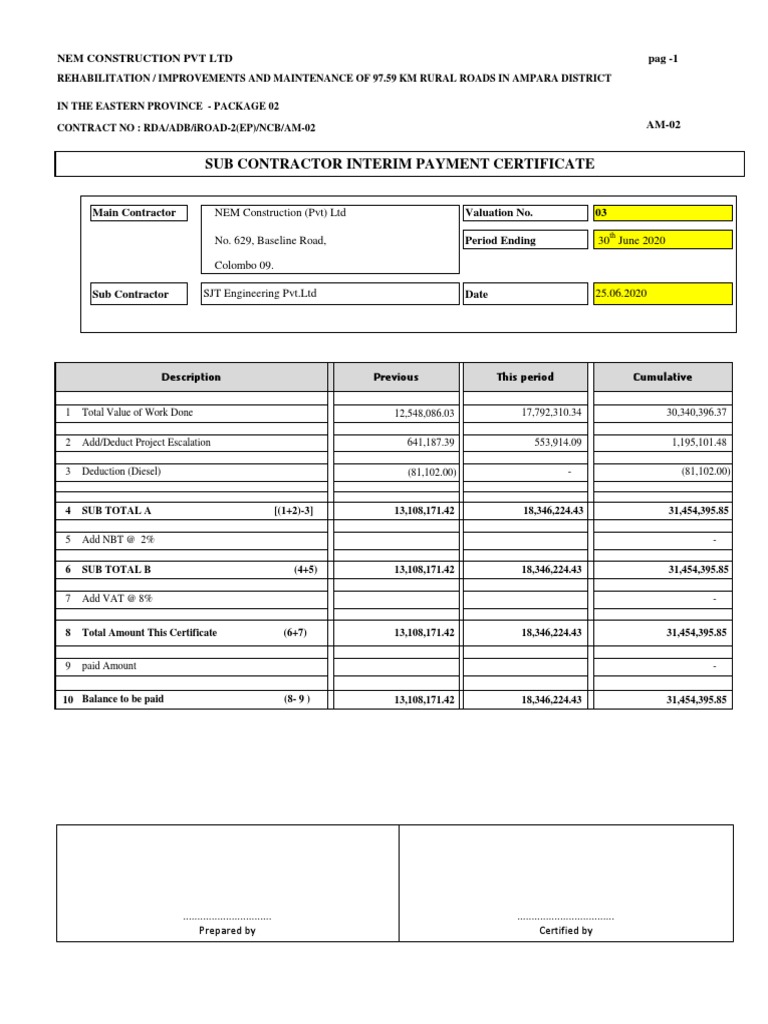 Sub Contractor Interim Payment Certificate | PDF | Asphalt | Transport