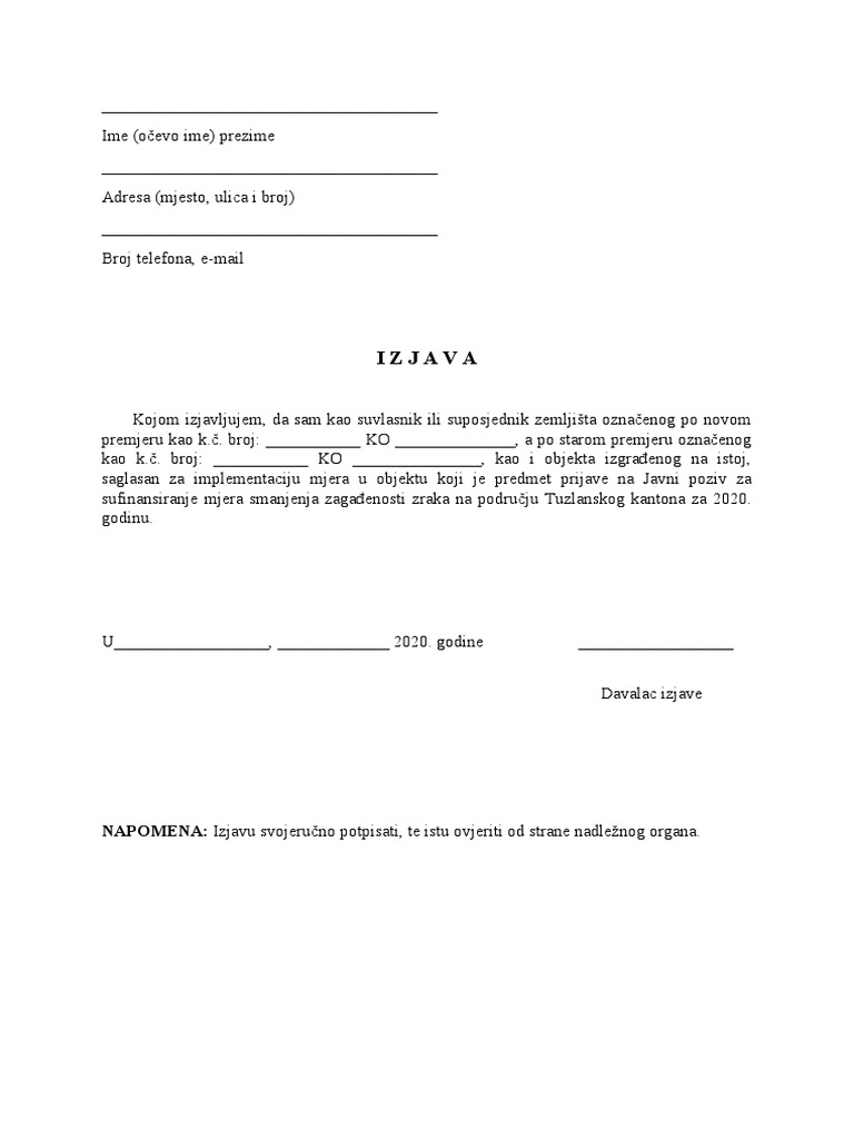 Izjava Iz Tacke Clana IV Javnog Poziva | PDF