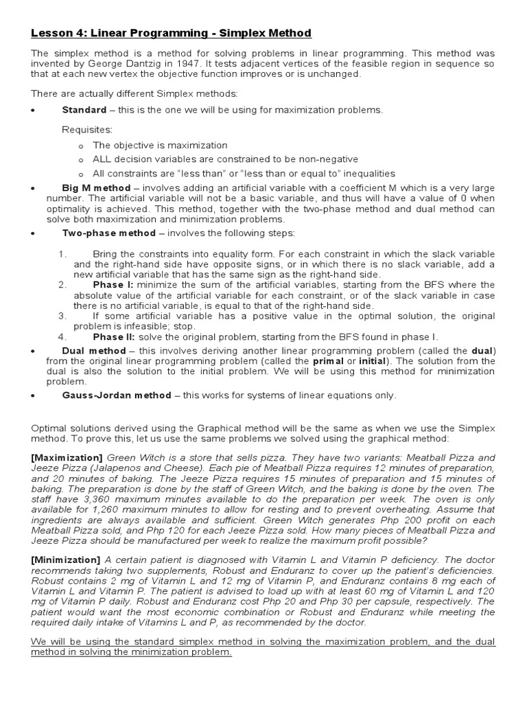 Lesson 4: Linear Programming - Simplex Method | Download Free PDF ...