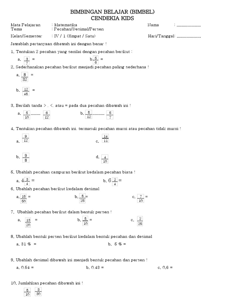 Latihan Soal Pecaha Desimal Persen | PDF