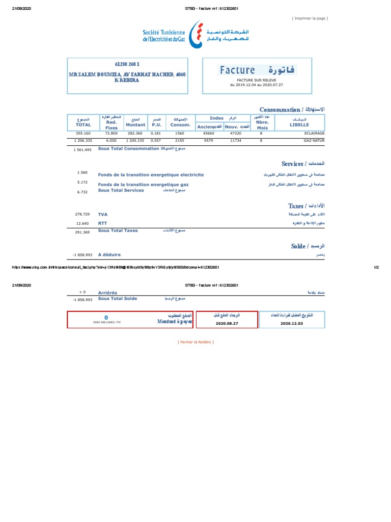 Facture STEG Tunisie - Référence 612302601 | PDF | Impôts | Énergie et ...