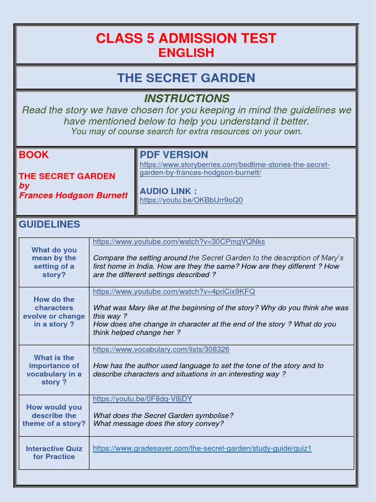 Class 5 Admission Test: The Secret Garden | PDF