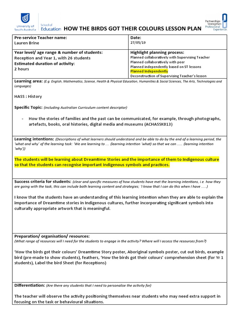 How The Birds Got Their Colours Lesson Plan | PDF | Teachers | Reading ...