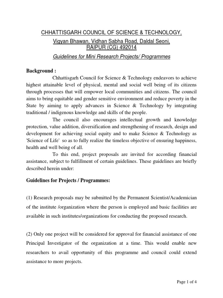 Guidelines For Mini Research Projects/ Programmes: Background | PDF ...