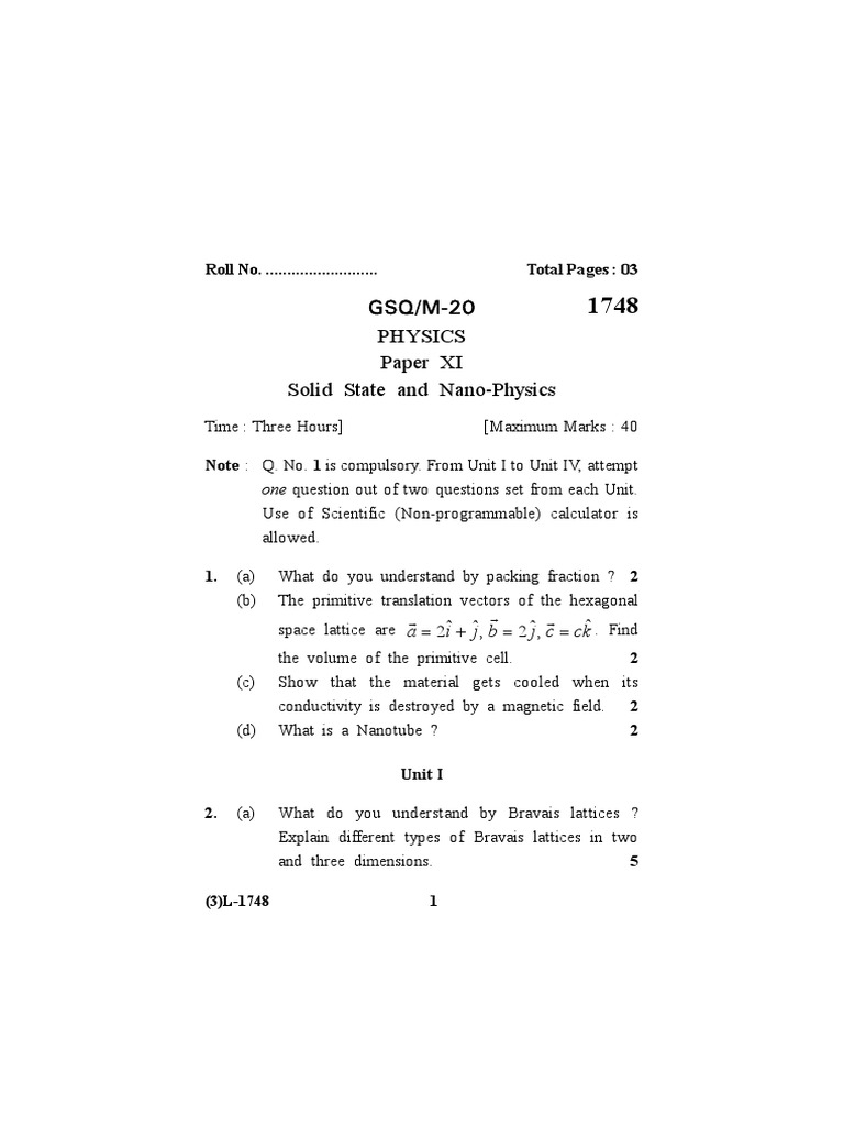GSQ/M-20 Physics Paper XI Solid State and Nano-Physics: Roll No ...