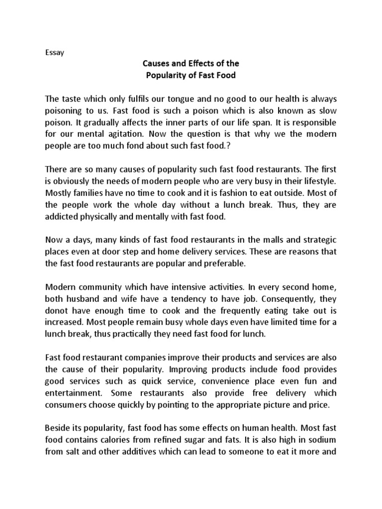 Essay: Causes and Effects of The Popularity of Fast Food | PDF | Fast ...