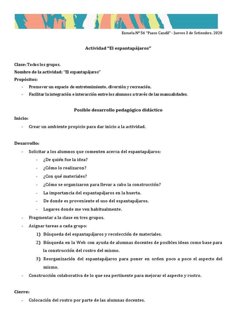 Actividad Escolar: Construcción de Espantapájaros | PDF