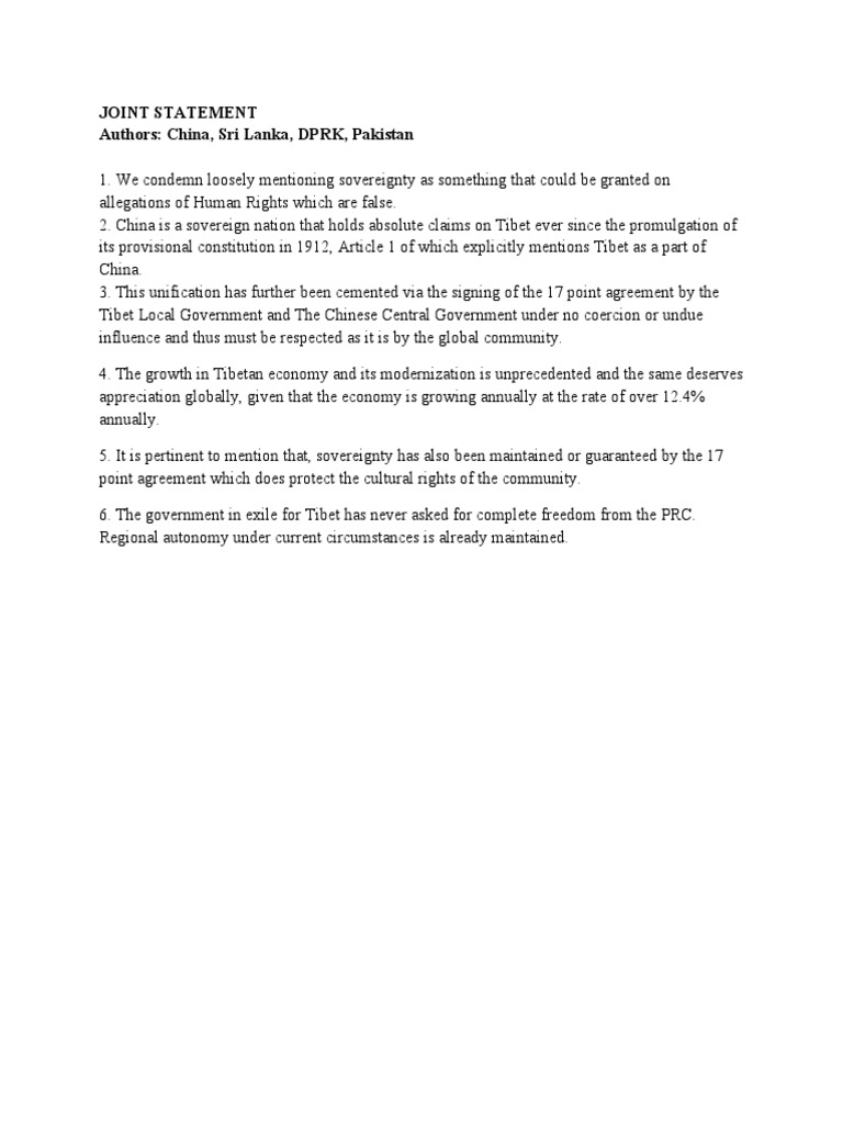 Joint Statement on Tibet Sovereignty Issues | PDF
