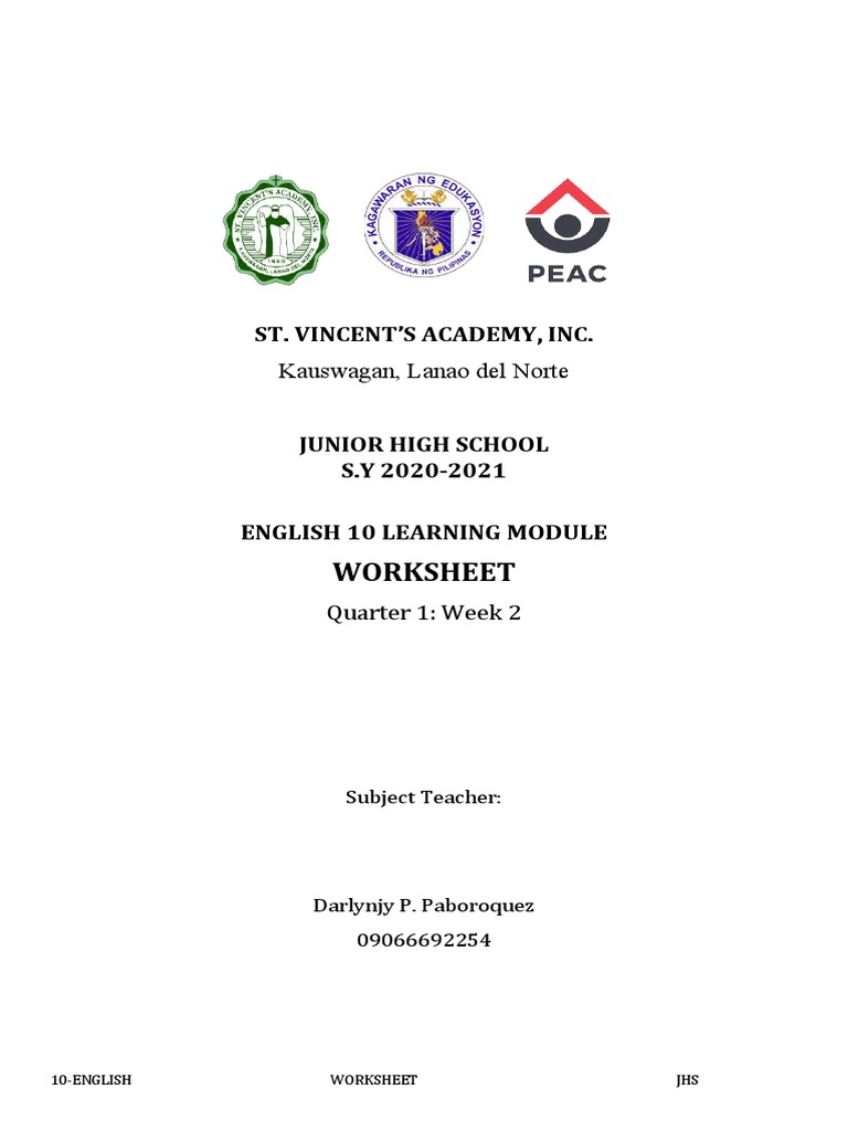 Worksheet Front Page | PDF