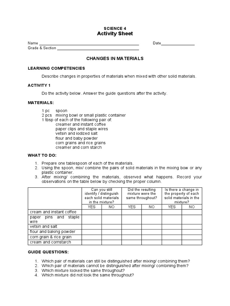 SCIENCE 4 Activity Sheets | PDF | Spoon | Glasses