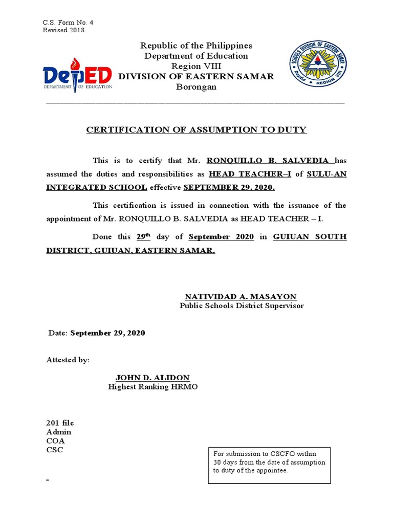 Certificate of Assumption To Duty | PDF