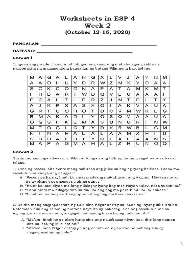 WORKSHEETS ESP WEEK 2