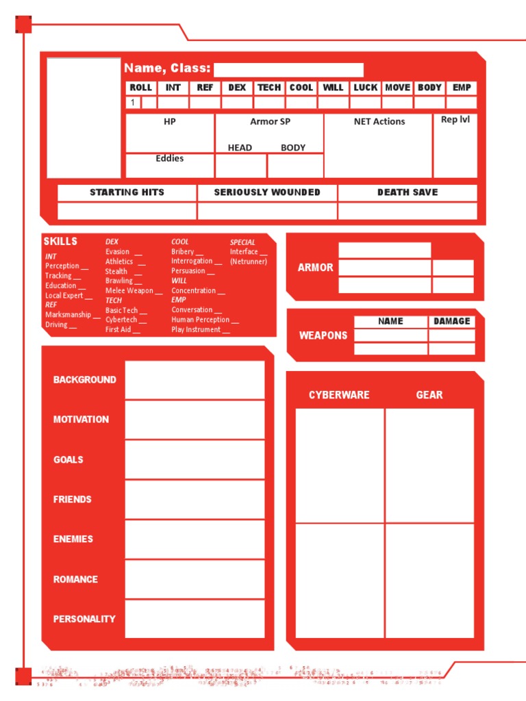CP Red Character Sheet (Skills Listed) | PDF