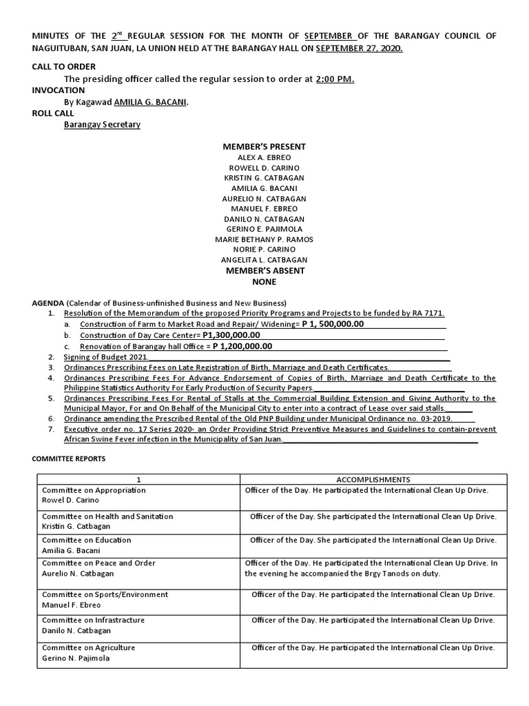 MINUTES OF THE 2nd REGULAR SESSION FOR THE MONTH OF SEPTEMBER OF THE ...