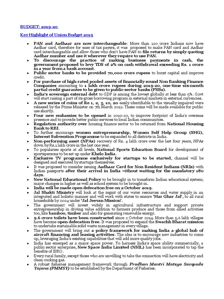Union BUDGET 2019-2020 | PDF