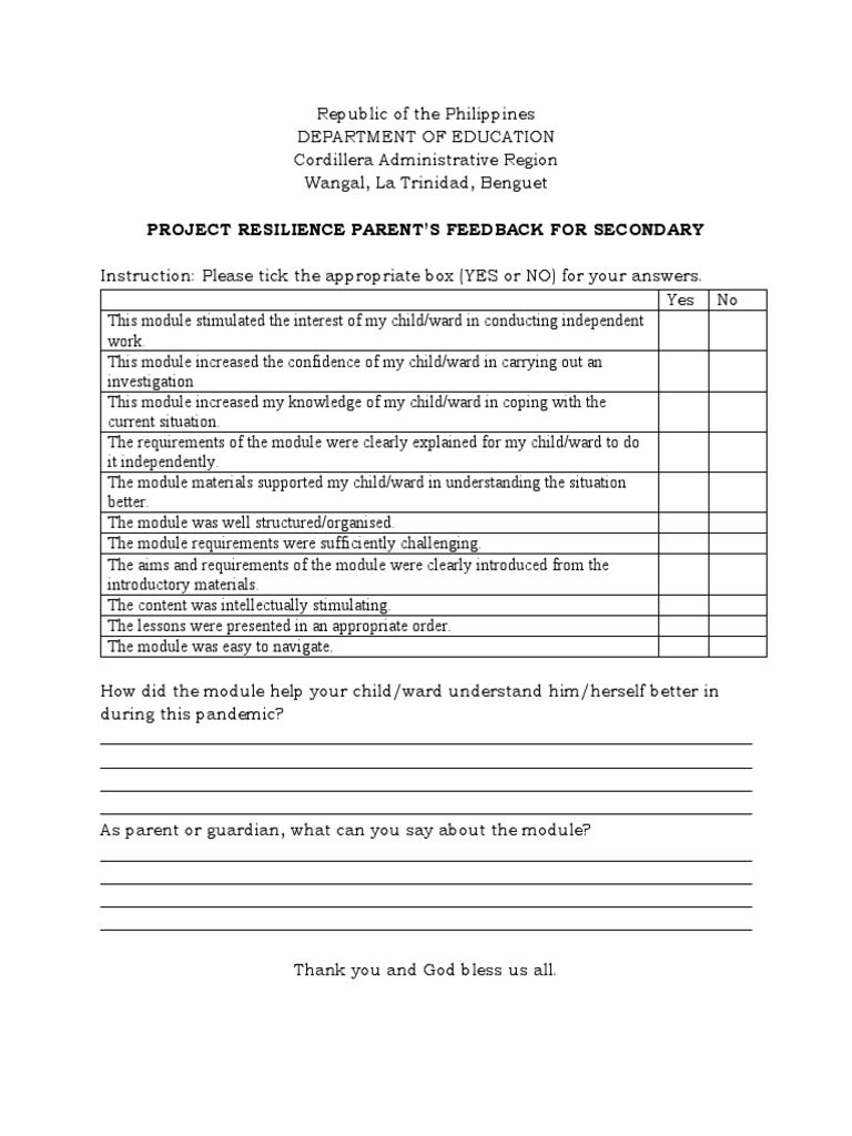 Project Resilience Parent'S Feedback For Secondary | PDF