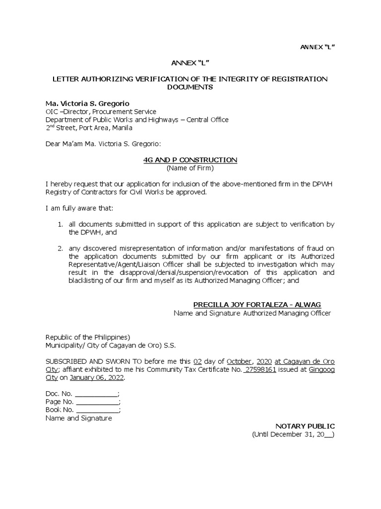 Annex "L" Letter Authorizing Verification of The Integrity of ...