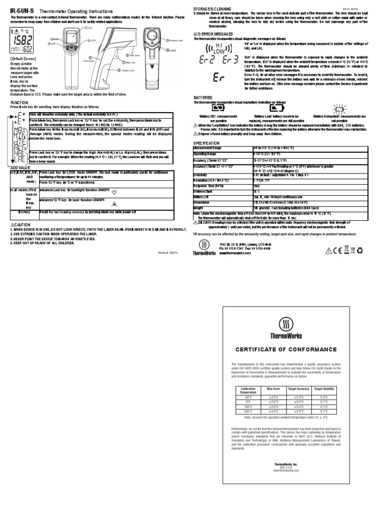 Ir-Gun-S: Thermometer Operating Instructions | PDF | Thermometer ...
