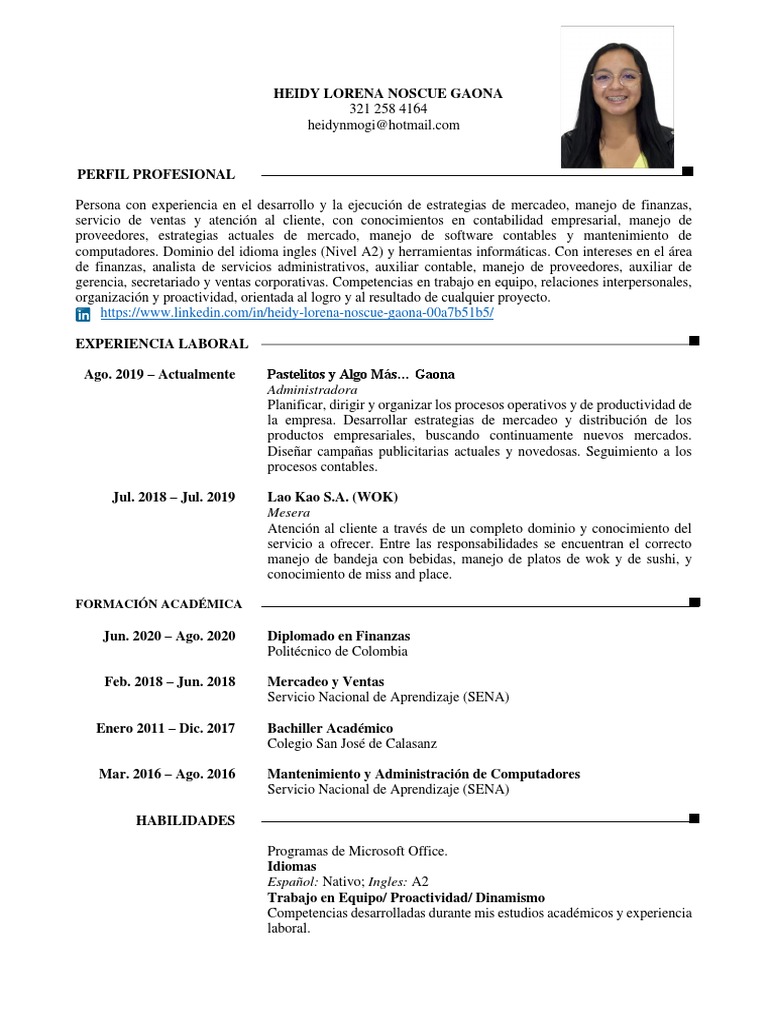 CV Heidy Lorena Noscue Gaona PDF | PDF | Servicio al Cliente | Marketing