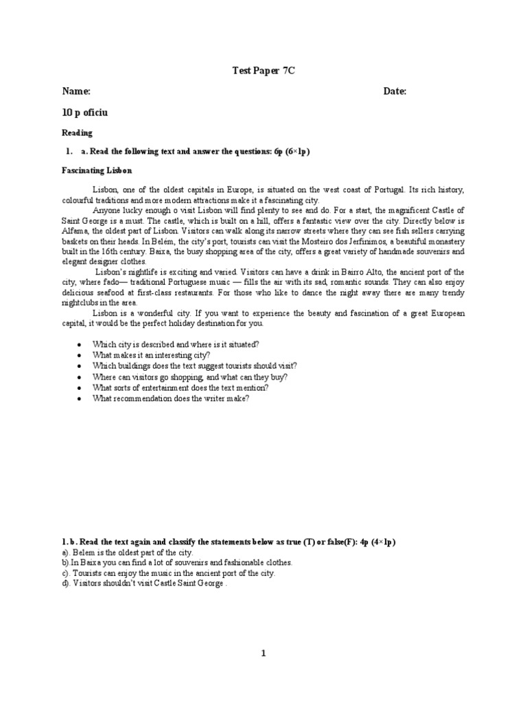 Test Paper 7th Grade | PDF | Lisbon