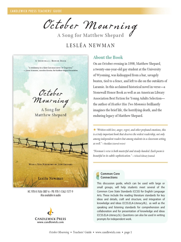October Mourning A Song For Matthew Shepard by Lesléa Newman Teachers ...