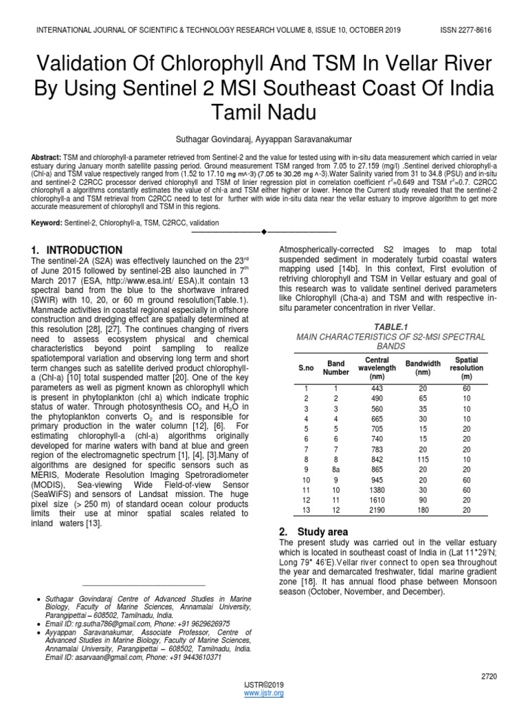 Validation of Chlorophyll and TSM in Vellar River by Using Sentinel 2 ...