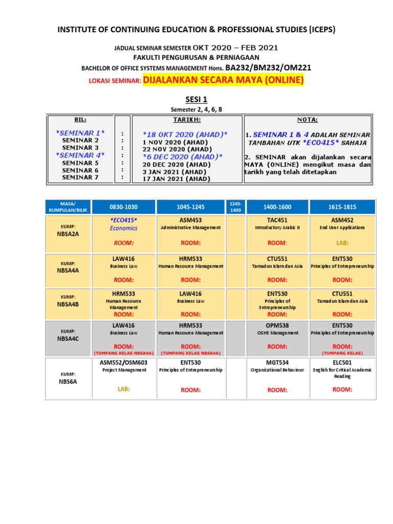 Jadual Seminar PJJ UiTM 2020-2021 | PDF | Business | Economies
