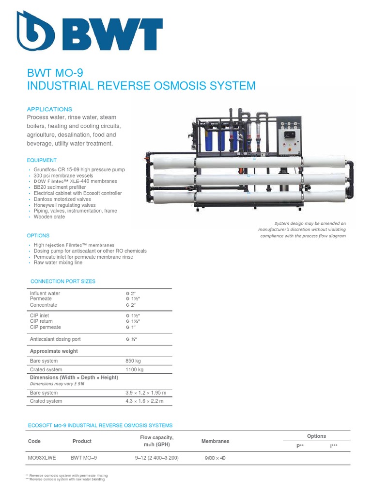 Bwt Мо-9 Industrial Reverse Osmosis System: Applications | PDF ...