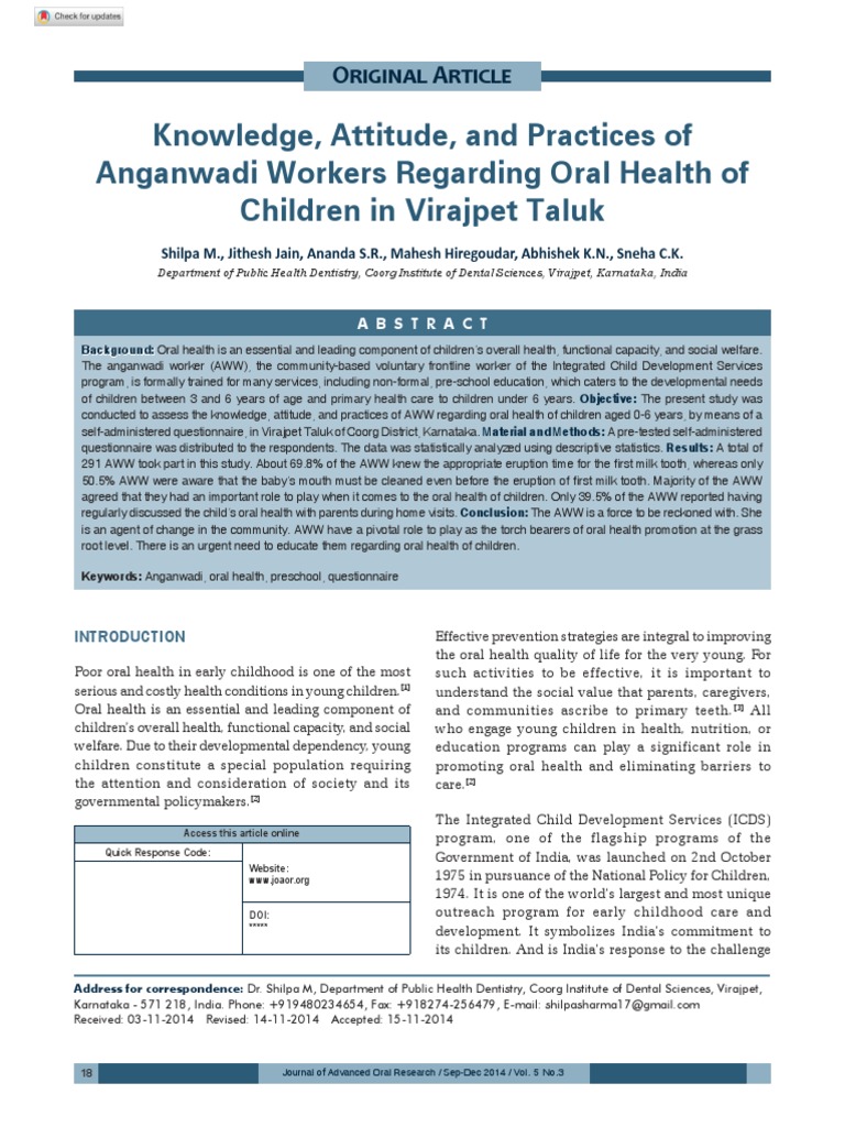 Knowledge, Attitude, and Practices of Anganwadi Workers Regarding Oral Health of Children in ...