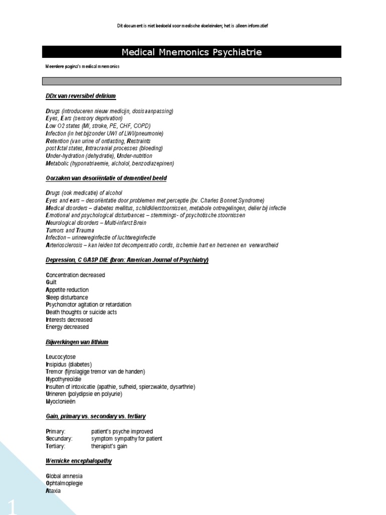 Medical Mnemonics Psychiatrie | PDF